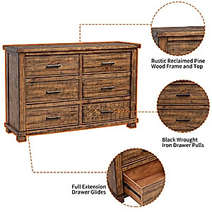Knocbel Farmhouse 6-Drawer Dresser with Antique Metal Handles, Reclaimed Pine Wood Double Chest of Drawers, Fully Assembled, 56" L x 18.3" W x 36.6" H (Natural)