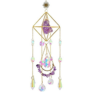 Amethyst Crystal Suncatcher - Hanging Gold Plated Garden Sun Catcher for Windows, Healing Amethyst Crystal Decor for Home, Gift for Christmas Birthday Valentine Mothers Day