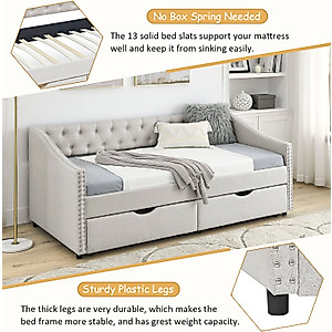 SmartDer Wood Twin Daybed, Day Bed Frame with 2 Storage Drawers, Upholstered Twin Bed Frame Sofa Couch with Button and Nailhead Design for Bedroom Guest Room, No Box Spring Needed, Beige