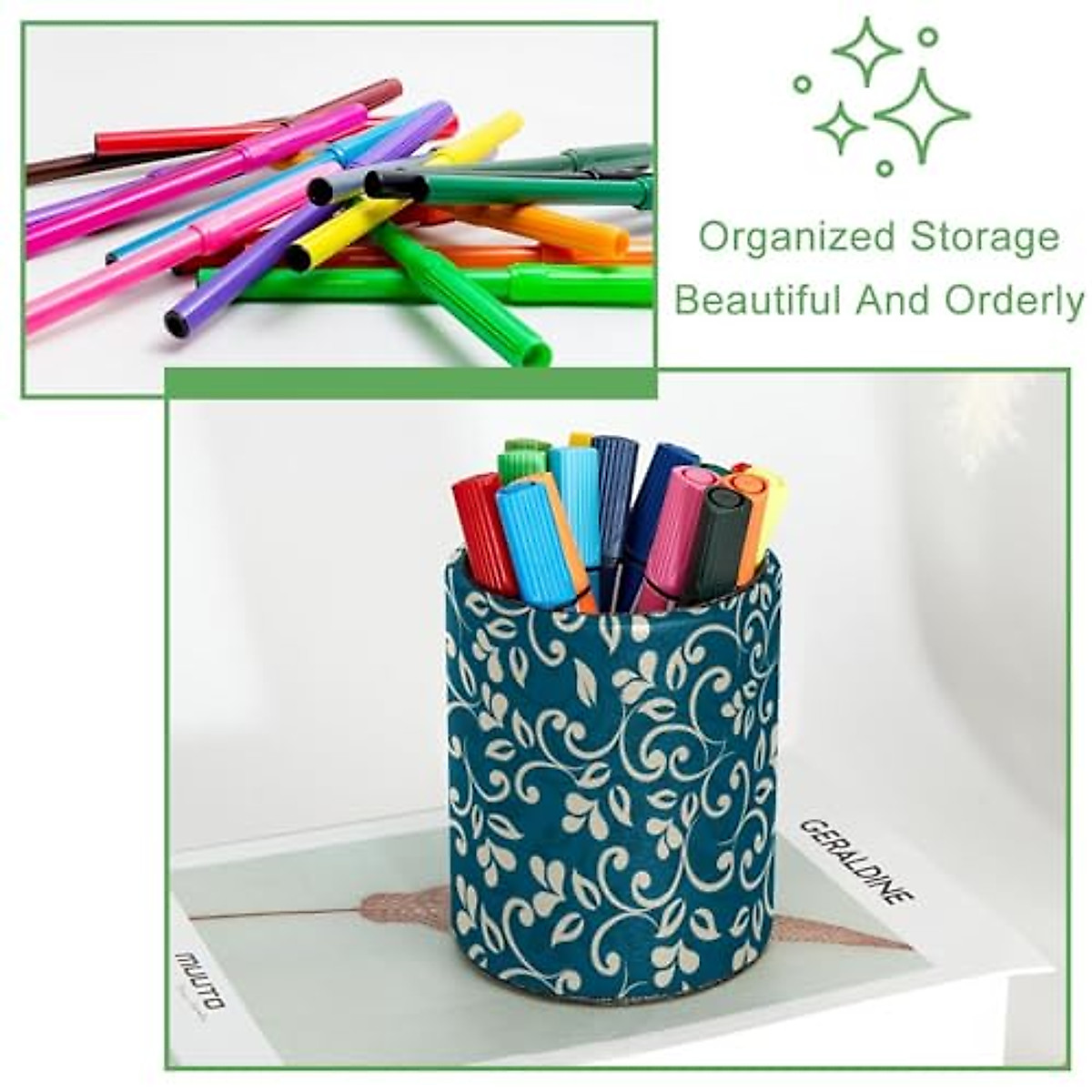 VIOQXI Pen Holder for Desk PVC Leather Pencil Cup Stand Round Desktop Pen Organizer Pot Makeup Brush Holder for Office School Classroom Home Classical Pattern