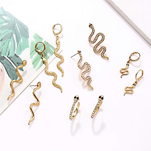 ZITULRY 9 Pairs Snake Earrings Charm Huggie Hoop Earrings Set Punk Rhinestone Serpent Drop Dangle Stud Earrings Minimalist Crystal Long Snake Earrings for Women Girls Jewelry Gift,Gold