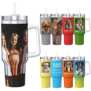 deaokluy Personalized 40 OZ Ice Bully Cup with Handle Straw, Custom Stainless Steel Tumbler with Lid Add Photo Logo Text, Design Travel Coffee Cup, Personalized Present for Friends Birthday Christmas
