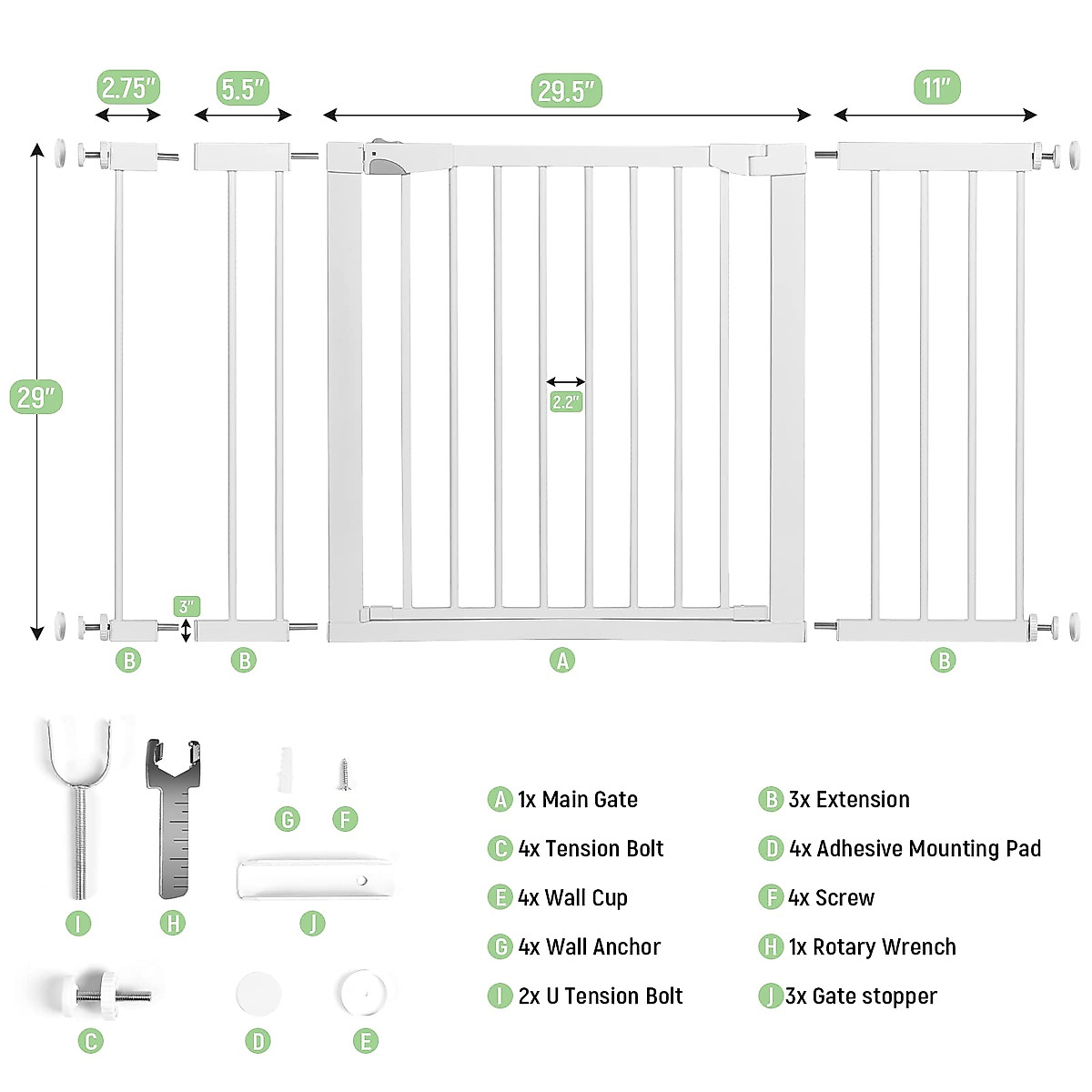 Cowiewie Baby Gate for Stairs, 29.5-51.6" Extra Wide Walk Through Dog Gate with Door, Auto-Close Metal Safety Gate with Extensions for Doorways and Halls, Pressure Mounted No Drilling