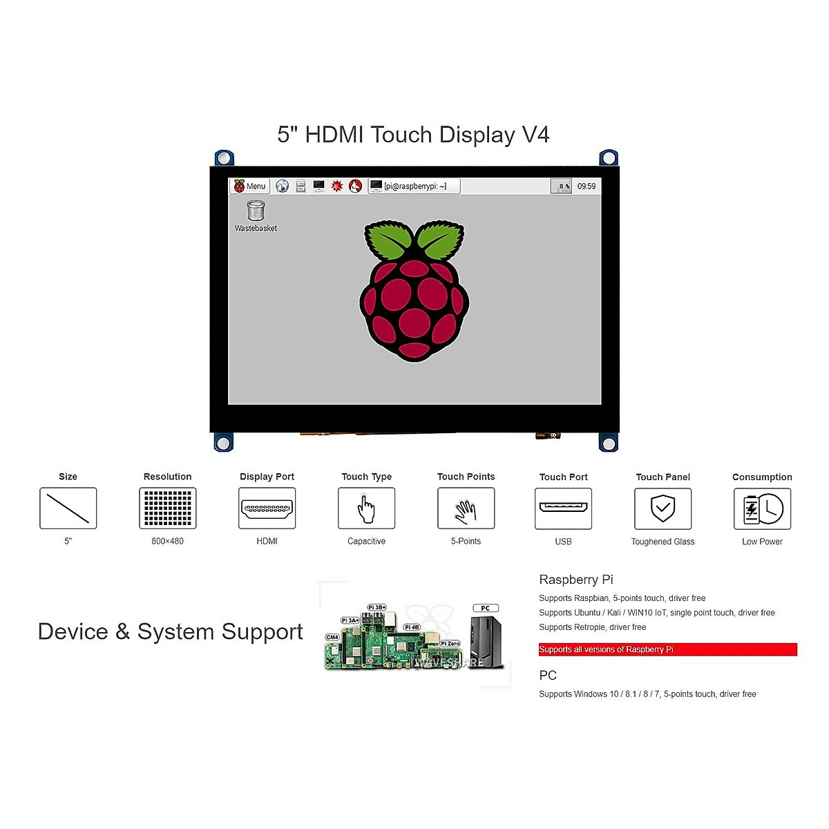 waveshare 5 inch Capacitive Touch Screen TFT LCD Display Toughened Glass Panel 800x480 5inch HDMI H V4 LCD for Raspberry Pi 4B/3B+/3B/Zero/Zero W WH,PC,Support VariousSystems