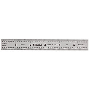 Mitutoyo 182-101, Steel Rule, 6" (4R), (1/8, 1/16, 1/32, 1/64"), 3/64" Thick X 3/4" Wide, Satin Chrome Finish Tempered Stainless Steel