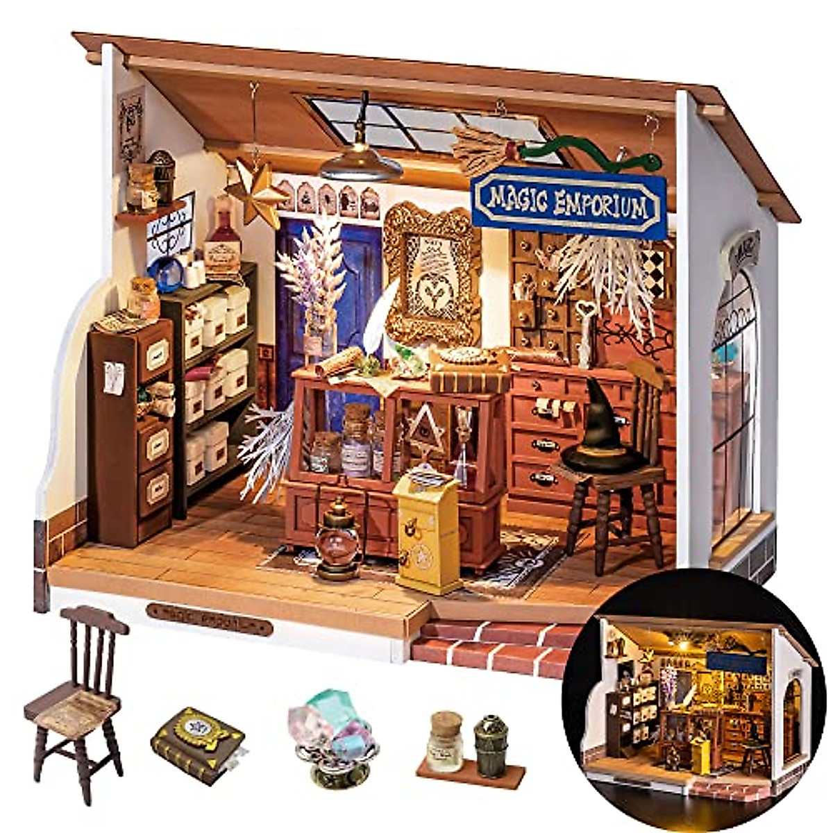 Rolife DIY Miniature House Kits, Tiny House for Adults to Build, Mayberry Street Miniature Model Kits with Lights, DIY Crafts/Birthday Gifts/Home Decor for Family and Friends (Kiki's Magic Emporium)