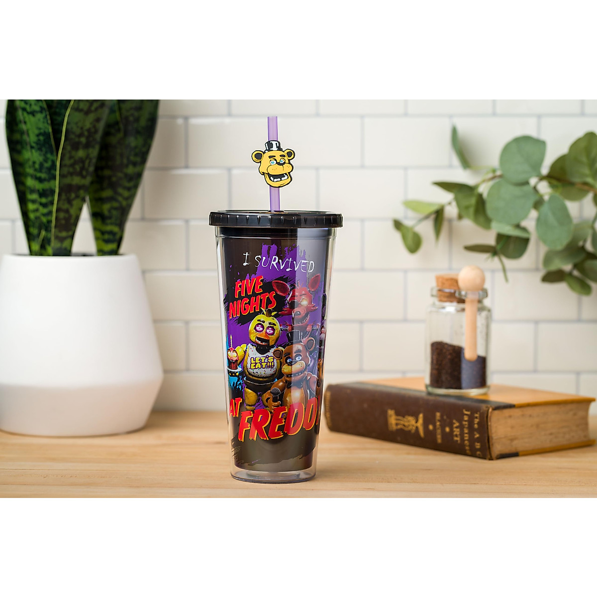 Silver Buffalo Five Nights at Freddy's I Survived Plastic Cold Cup with Lid and Topper Straw, 24 Ounces