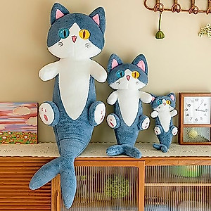 Ditucu Cute Shark Cat Plush Pillow Long Cartoon Kitten Stuffed Animal Toy Kawaii Body Sleeping Plushie Gifts for Kids 31.4 inch
