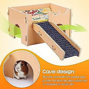 Guinea Pig Castle, Wooden Guinea Pig Hideout with Cave Stairs & Mat, Small Animal House Bed Hut Habitats for Hamsters Bunny Chinchillas Playing Sleeping Hiding