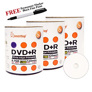 Smartbuy 300-disc 4.7GB/120min 16x DVD+R White Inkjet Hub Printable Blank Media Disc + Black Permanent Marker