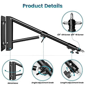 Wall Mounting Triangle Boom Arm for Ring Light: Max 51inch, 180º Flexible Rotation, Save Space, Adjustable Camera Mount Up to 4.26ft for Photography Light, Monolight, Softbox, Umbrella, Reflector etc.