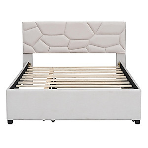 PacknWood Acosure Full Size Linen Fabric Upholstered Platform Bed with Twin XL Trundle w/Brick Pattern Headboard,Strong Wood Slat Support,for Boys Girls Kids Teens Adult,Beige