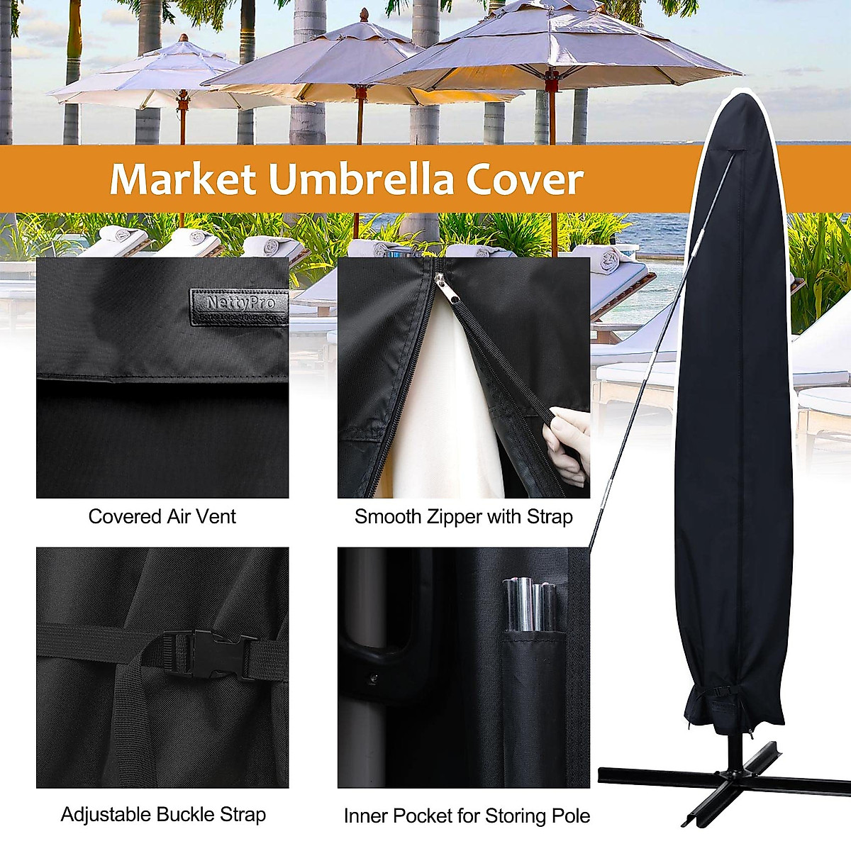NettyPro Umbrella Cover for 6ft to 9ft Patio Umbrellas, Waterproof and Durable Market Umbrella Parasol Cover with Zipper and Rod, Black