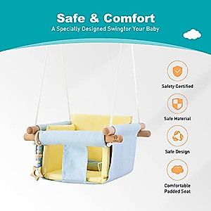 Troispot Comfortable Baby Swing Seat, Secure Canvas and Wooden Hanging Swing Chair for Baby, Infant, Toddler, Child, Kids Toys, Indoor Outdoor Hammock for Playground, Tree Swings or Backyard, B2