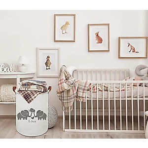 HIYAGON 19.7" x 15.7"Laundry Basket,Round Cotton Linen Storage Bin with Drawstring Cover for Bathroom/Closet/Toys Storage(Elephants)