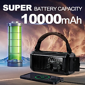 10000mAh Emergency Weather Radio,Portable FM/AM/NOAA Battery Powered Survival Radios&Power Bank,Solar/Hand Crank/Type-C Charger,Flashlight,Reading Lamp,Compass,SOS Alert,Outdoor Camping&Power Outages