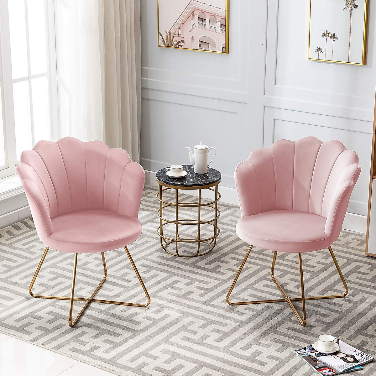 DUHOME Velvet Accent Chair，Living Room Chair with Back for Bedroom, Shell Shaped Living Room Chairs with Golden Metal Legs, Salmon Pink