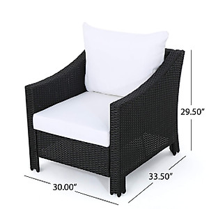 Christopher Knight Home Antibes Outdoor Wicker Club Chairs with Water Resistant Cushions, 2-Pcs Set, Black / White Cushion