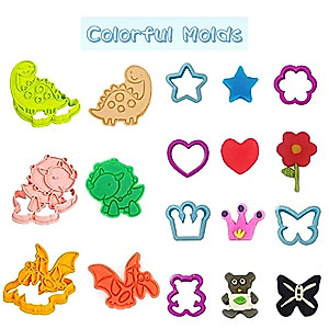 Jaeespon Dough Tools for Kids Play-41 Pieces Dough Play Set Accessories with Fruit Dinosaur Plastic Molds Roller Cutter Scissor, Preschool Arts Toys Kit Gift for Age 2-8 Girls Boys