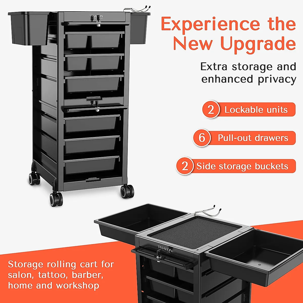 TASALON Premium Lockable Salon Trolley Cart with Wheels and 6 Drawers & 2 Bucket, Versatile Salon Cart for Hair Stylist, Salon Rolling Cart for Extra Storage, Multi-use Cart for Salon, Tattoo, Barber