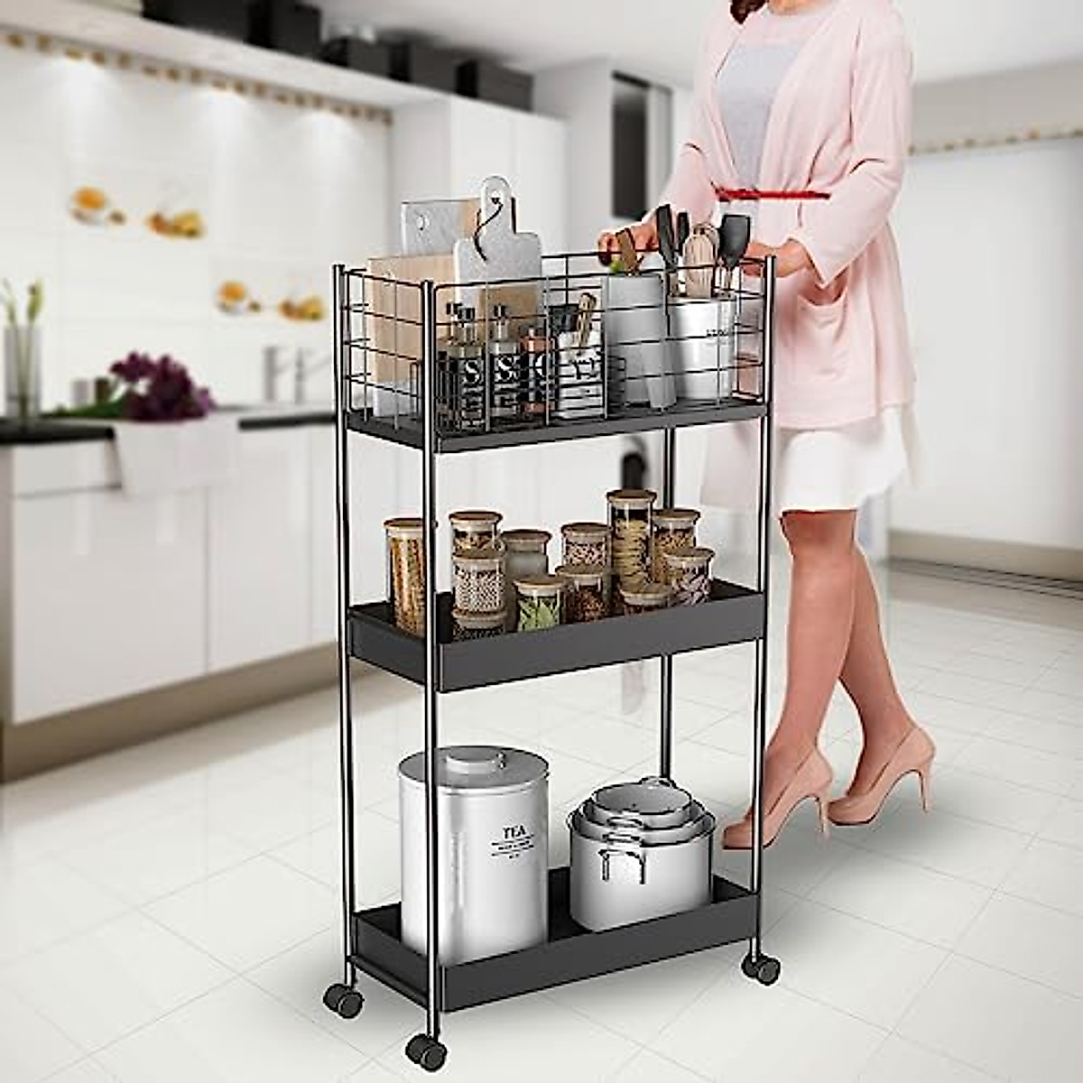 FANSPRO Slim Storage Cart, 3 Tier Metal Utility Cart with Wheels, Mobile Rolling Kitchen Cart Slide Out Narrow Storage Cart for Laundry Room Bathroom Small Spaces, Black