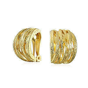 Fashion Open Criss Cross Basket Weave Wide Half Hoop Clip On Earrings For Women Non Pierced Ears Matte Gold Plated