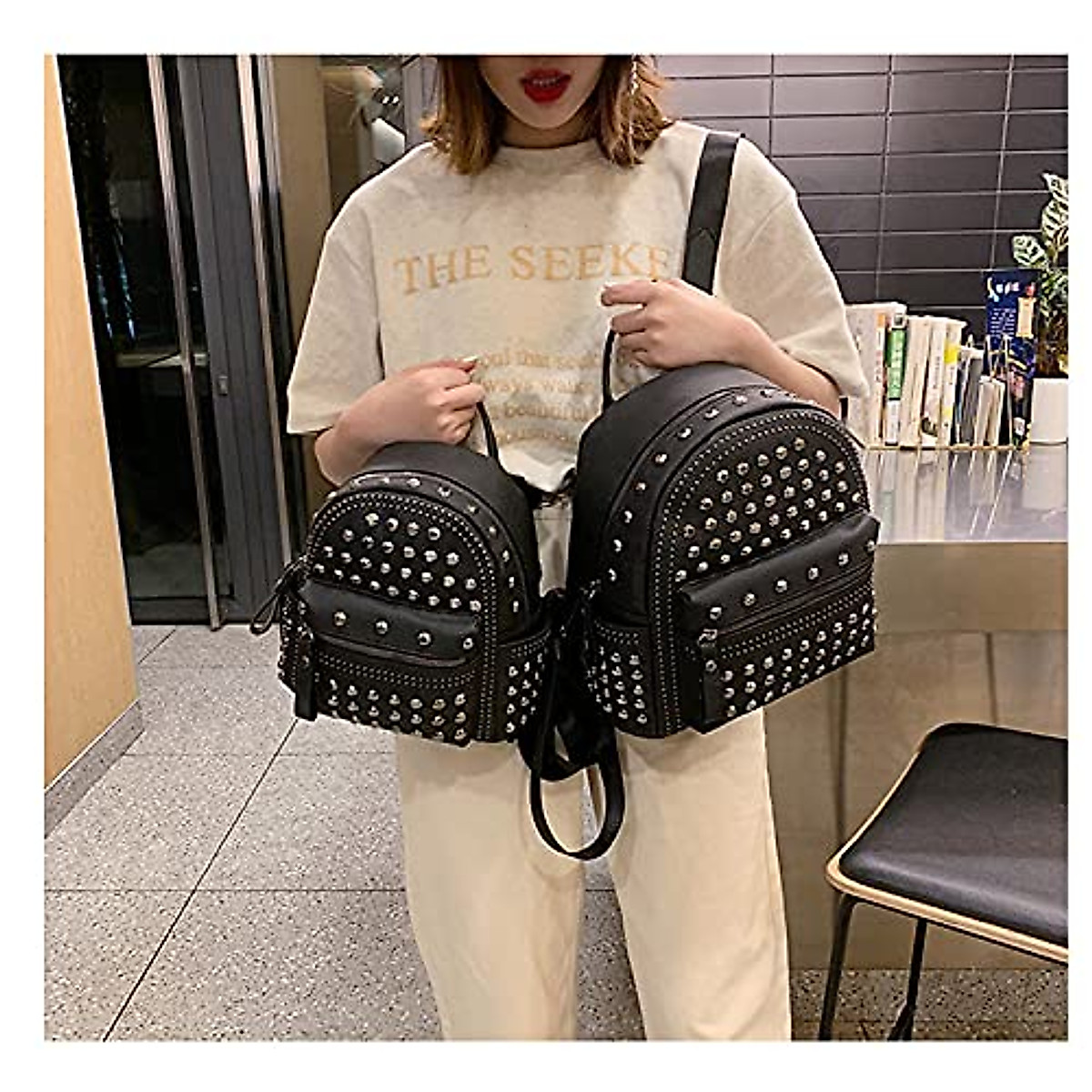 JOZZYAPA Black Faux Leather Studded Backpack Purse Rhinestone Backpack Purse Gothic Motorcycle Biker Backpack Purse Mall Goth Bag Gothic Gifts for Women