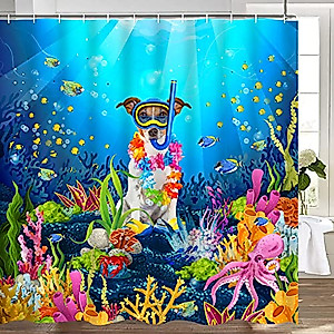 Likiyol 4 Pcs Funny Dog Shower Curtain Sets with Non-Slip Rugs, Toilet Lid Cover and Bath Mat, Blue Ocean Shower Curtain with 12 Hooks, Cute Kids Bathroom Decor