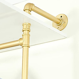 WFDERAN Industrial Clothing Store 2-Tier Pipe and Wood Garment Rack,Wall Mounted Storage Clothes Shoe Bag Hanging Shelves,Retail Shop Clothes Display Stands (Gold, One Pipe Shlef, 47.2" L)