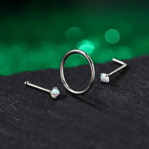 COCHARM 3pcs G23 Titanium Nose Stud Set 20g White Opal Nose Stud Ring Surgical Steel Nose Bone 20 Gauge Opal Nose Piercing Nose Hoop Corkscrew Nose Jewelry