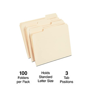 Staples 116657 Manila File Folders Letter 3 Tab Assorted Position 100/Box