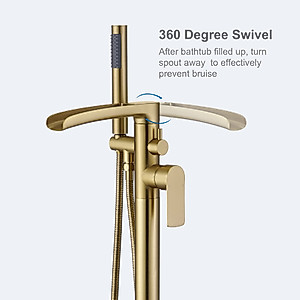 TapLong Waterfall Freestanding Bathtub Faucet Set Single Handle Floor Mount Tub Filler with Hand Shower High Flow Rate Max 6 GPM, Brushed Gold, 51019BG