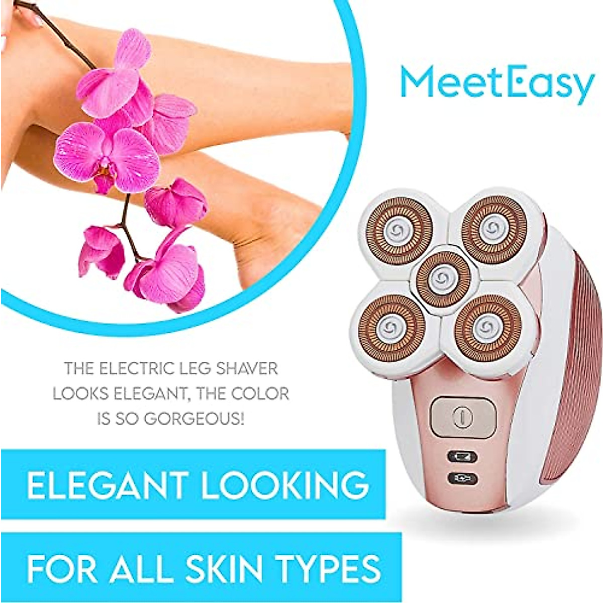 Meeteasy Electric Leg Shaver for Women - Rechargeable Painless Lady Razor for Leg Face Lips Body Underarms Armpit - Female Cordless Bikini Trimmer (Gold)