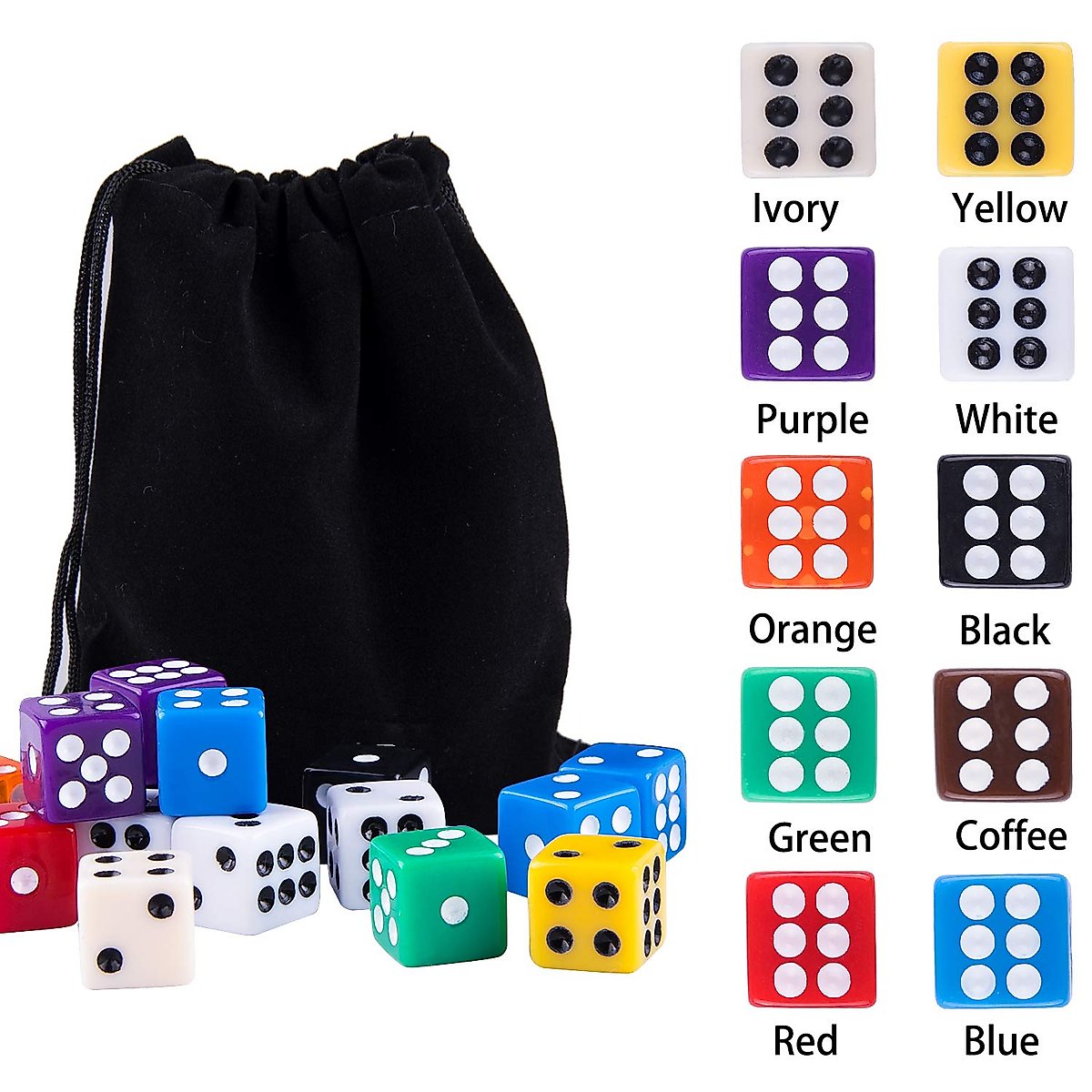 AUSTOR 100 Pieces 12mm Dices 6 Sided Game Dice Set Square Corner Dice with a Drawstring Pouch