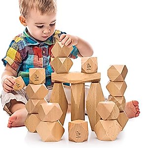 OATHX Montessori Toys Stacking Rocks Wooden Blocks Building Preschool Balancing Stones for Toddlers 1-3 Girls Boys Sensory Natural Wood 20pcs Large Size