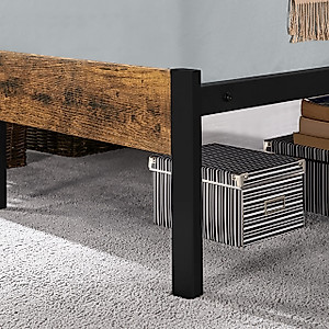 Yaheetech Metal Platform Bed Frame Twin with Wood Headboard and Iron Slats, Rustic Country Bed Base with Mattress Foundation/Strong Slats Support/12 Inch Underbed Storage/No Box Spring Needed, Brown