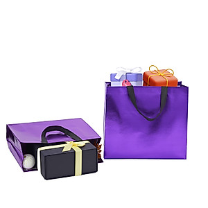 Volanic 12.7" X 11" X 4.7" Non-woven Reusable Purple Gift Bags With Glossy Finish Birthday Bag Favor Bags Goodie bags for Wedding Party - 12 Gift Bags Set