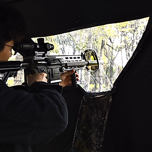 GYMAX Hunting Blind, 3 Person Pop Up See Through Silent Sliding Ground Blind with Hub System, Triangle Zipper Door & Carry Bag, Camouflage Mossy Backwoods Waterproof Deer Hunting Blind Tent