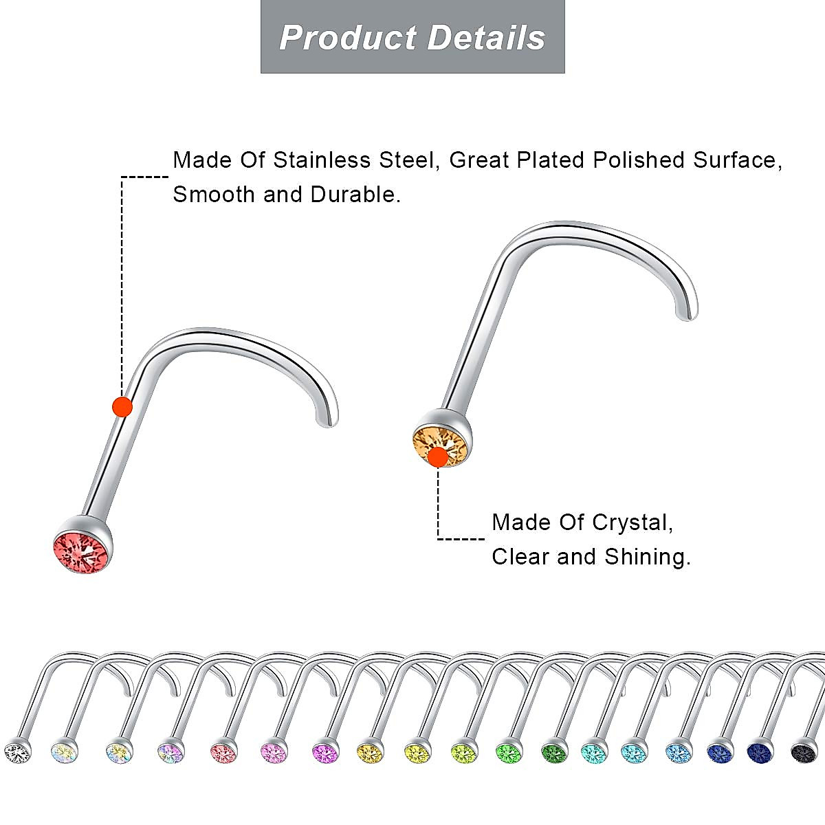 CrazyPiercing 20pcs Colorful Rhinestone Steel Screw Nose Rings Studs Bar Pin Piercing Jewelry