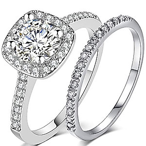 Jude Jewelers Silver Rose Gold 2 Carat Wedding Engagement Eternity Bridal Ring Set (Silver, 7)