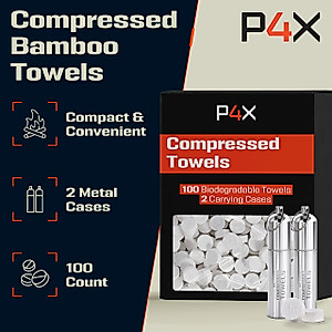 Compressed Towel Tablets - 100% Bamboo Camping Toilet Paper Tablets, Great for Hiking, Travel & Backpacking - Disposable Washcloths, Body Wipes, Paper Towel Coin Tissue - 100 Pack with Metal Cases