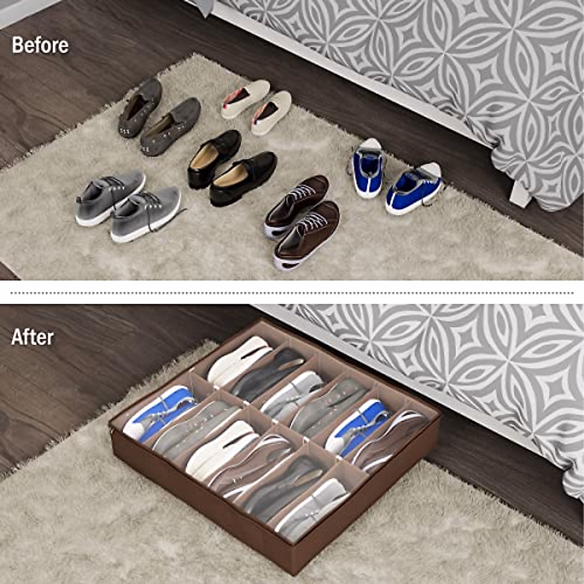 Under Bed Storage Shoe Organizer Bag with Clear Plastic Zippered Cover, Stores 12 Pairs of Shoes by Everyday Home (Brown)