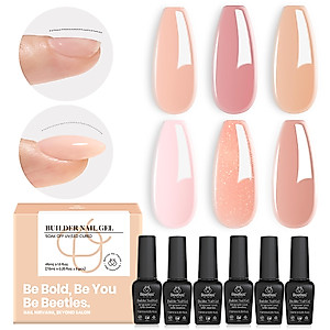 Beetles Builder Gel 6 Colors, 8 in 1 Strengthener Jelly Gel Time to Relax Sheer Peach Clear Builder Nude Pink Skin Tone for All Hard Gel Extension Base Nail Gel False Nail Tips Glue