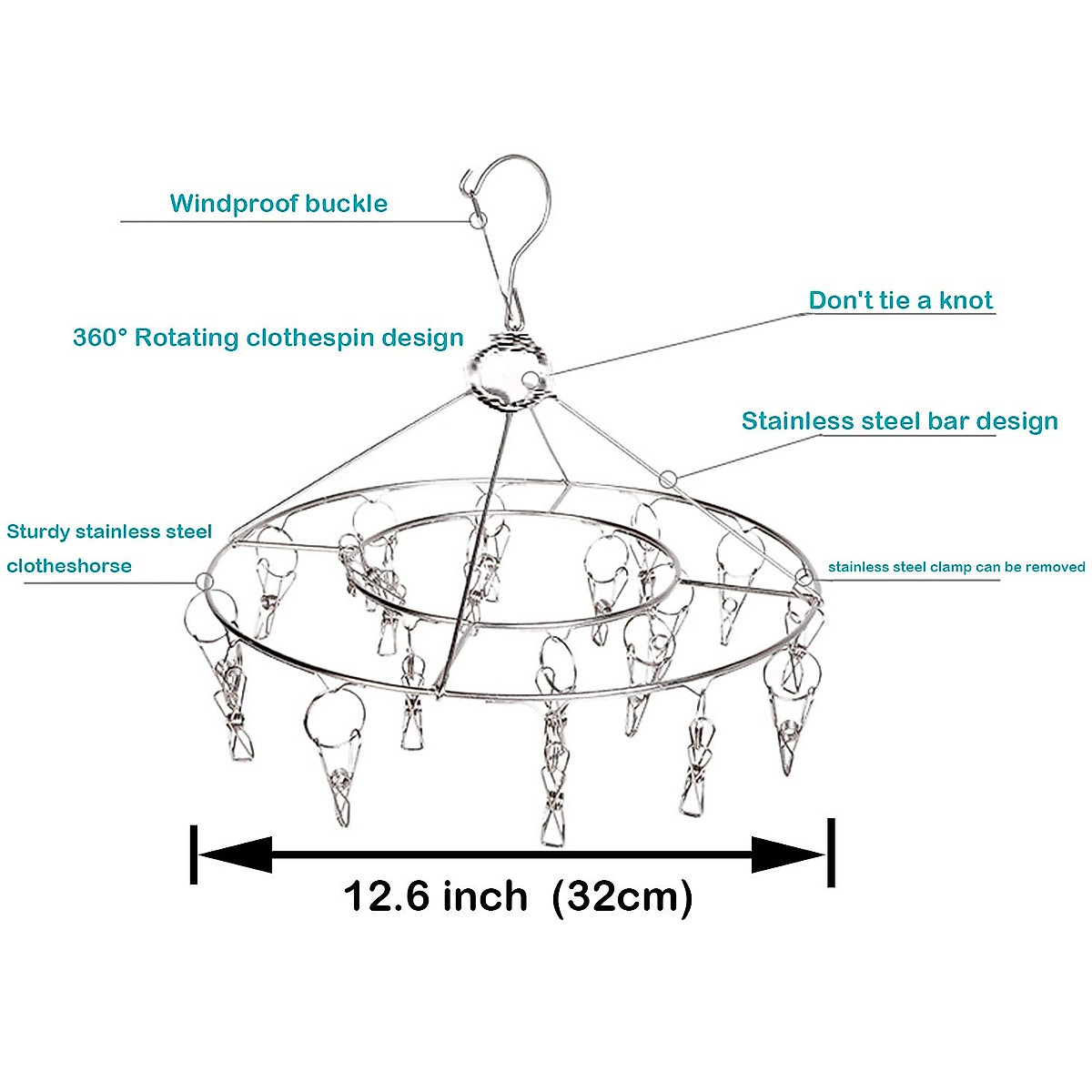 CenYouful 2 Pack Stainless Steel Round Hanging Drying Rack with 20 Clips for Drying Socks, Baby Clothes, Bras, Towel, Underwear, Hat, Scarf, Pants, Gloves