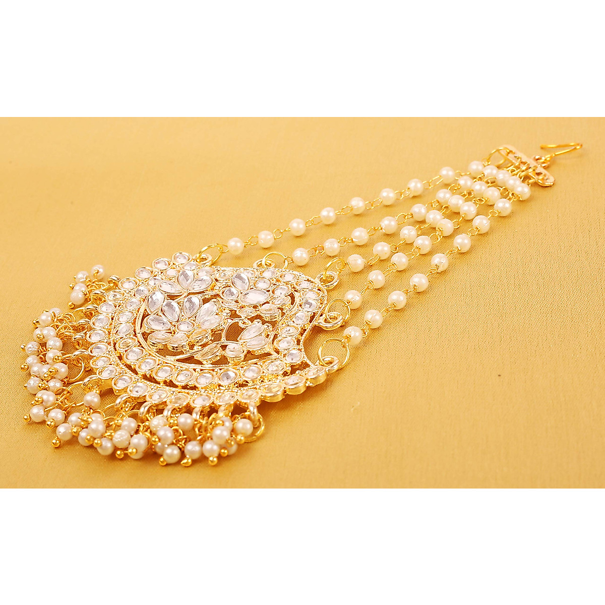 Touchstone Indian Bollywood Pretty Magical Floral Handcrafted Indian Mughal Kundan Look Faux Pearls Hangings Head Enhancing Bridal Designer Jewelry Jhoomer in Gold Tone for Women.