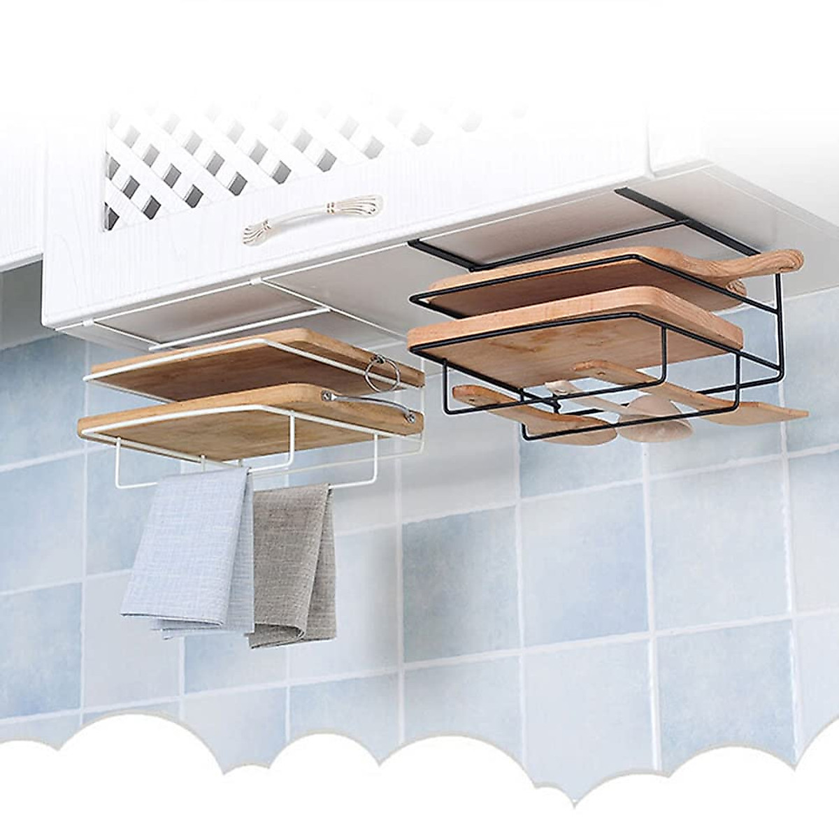 YARNOW 2 Pcs Chopping Board Shelf Under Cabinet Double Layer Pot Lid Rack Holder Punch Free Towel Bar Kitchen Storage Organizer (White)