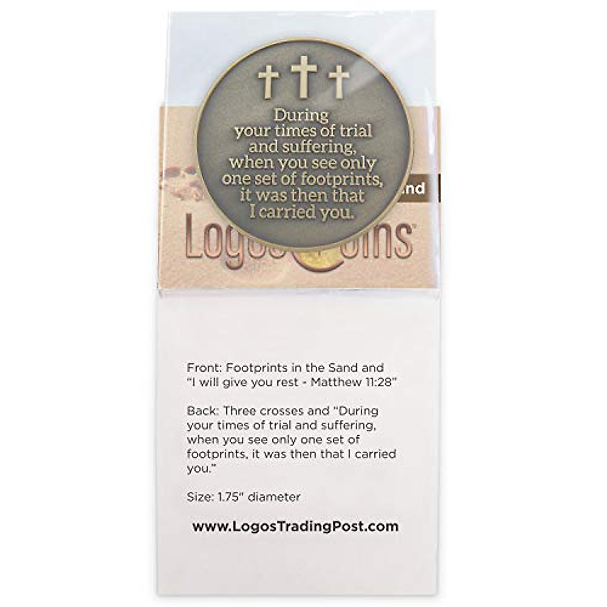 Footprints in The Sand Coin, Resting and Peace, Antique Gold Plated Christian Challenge Coin. During Your Times of Trial and Suffering, I Carried You. I Will Give You Rest, Matthew 11:28 Gift