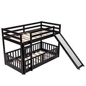 Wood Low Bunk Bed, Twin Over Twin Wood Bunk Bed Frame with Convertible Slide and Ladder, Convertible Wood Bunk Bed Loft Bed with Full-Length Guardrail for Kids, Saving-Spaces Design (Espresso+Wood)