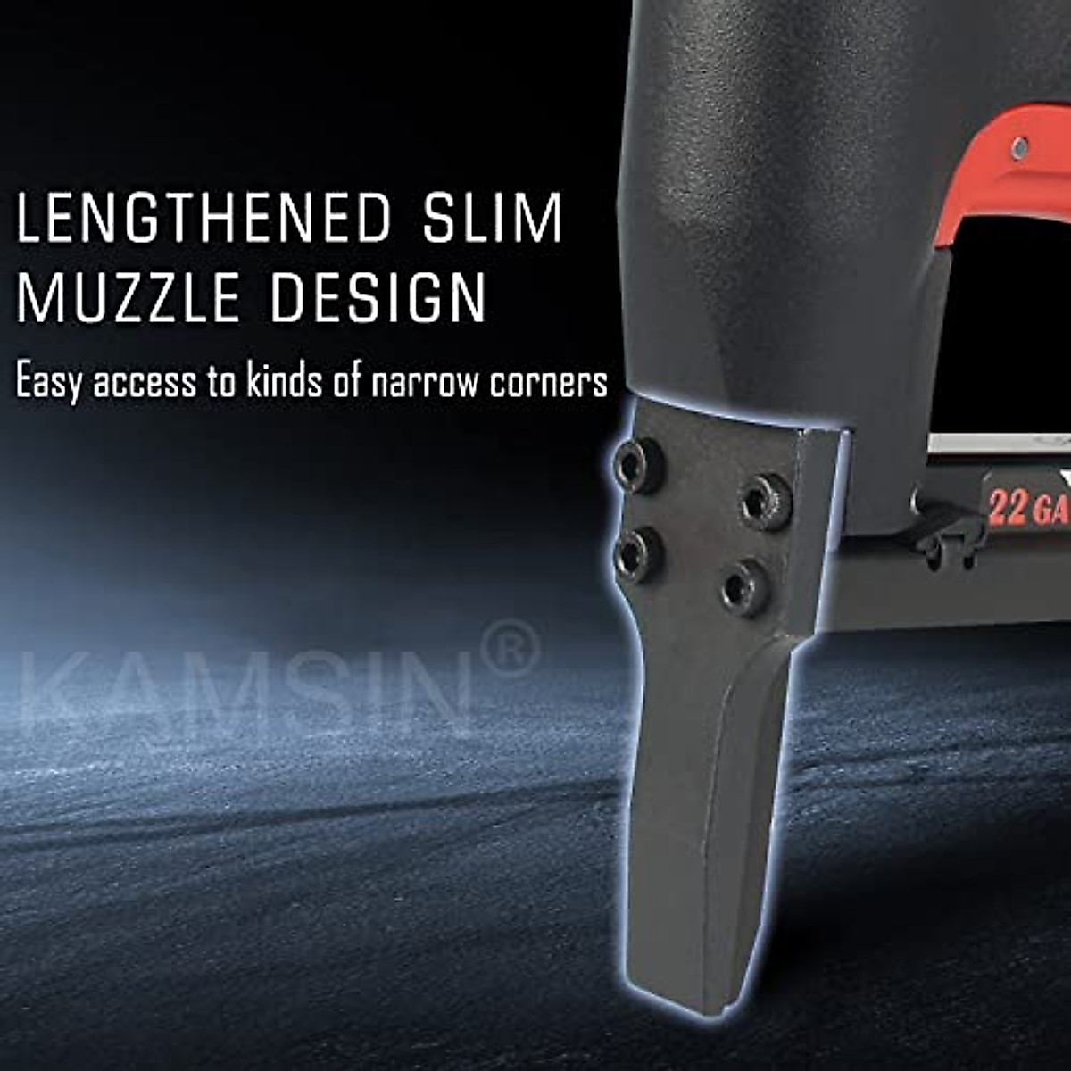 KAMSIN #7116L 22 Gauge Pneumatic Upholstery Stapler, 71 Series 3/8-Inch Crown Long Nose Air Power Fine Wire Staple Gun, 1/4-Inch to 5/8-Inch Leg Length Furniture Stapler for Fabric, Upholstering