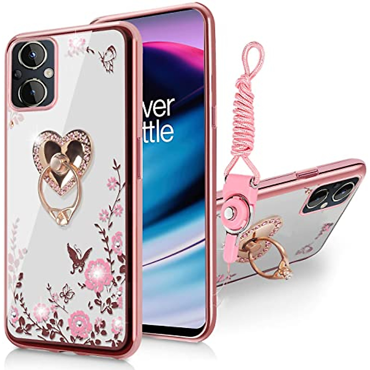 B-wishy OnePlus Nord N20 5G Glitter Case - Slim TPU Luxury Butterfly Floral Design, Kickstand, Strap (Rose Gold)